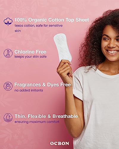 OCBON Ultra Thin Sanitary Pantyliners (Regular, 15.5cm, 40 Counts) - Ultra Thin, Unscented 100% Organic Cotton Panty Liners for Women. Chemical-Free, Extra Soft, Ideal for Sensitive Skin.