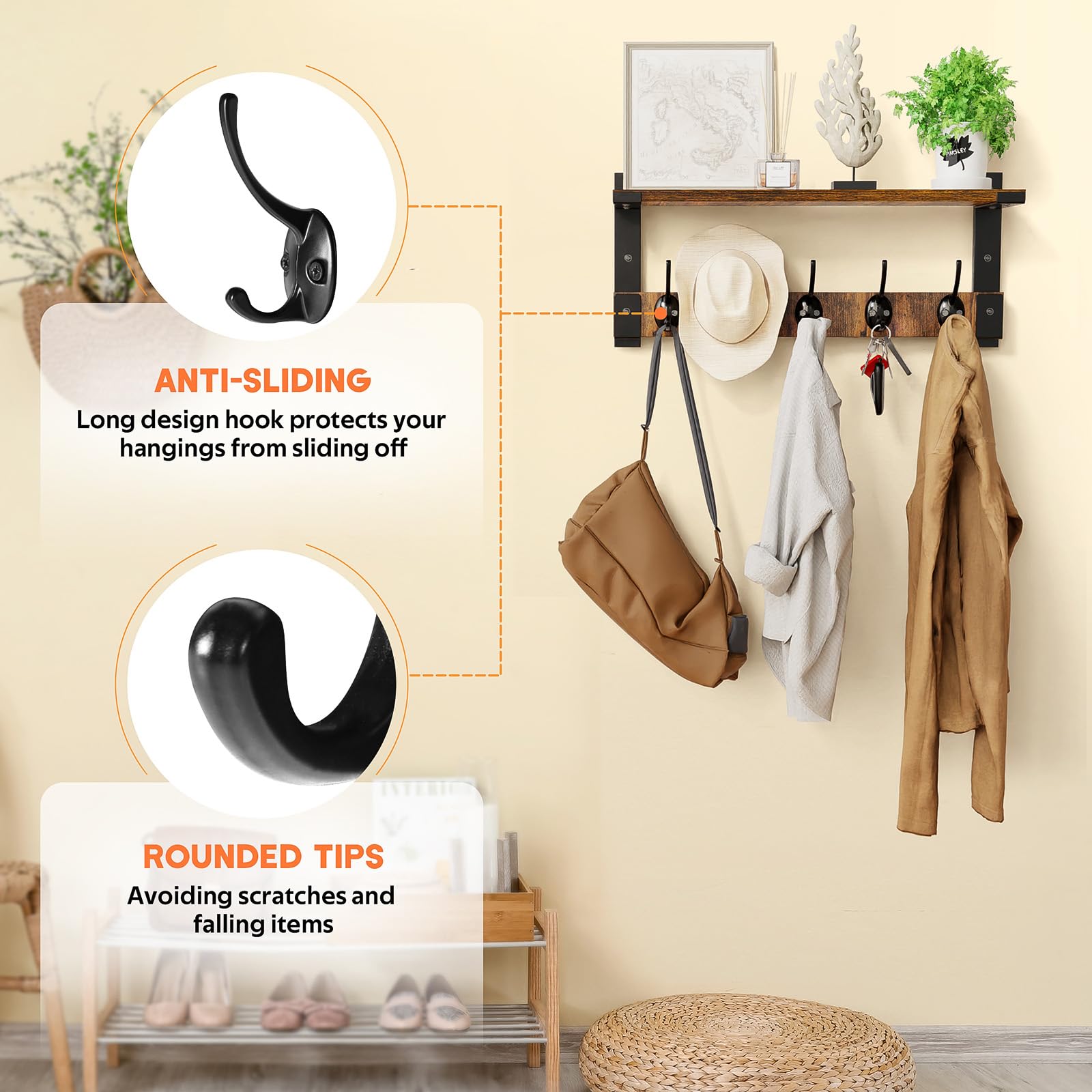 Oraich Wall Hooks with Shelf, Coat Rack Wall Mount, Shelf with Hooks for Coat Backpack Key Clothes Hanger, Wall Floating Shelf Hanging in Entryway, Living Room, Bathroom, Bedroom, Kitchen