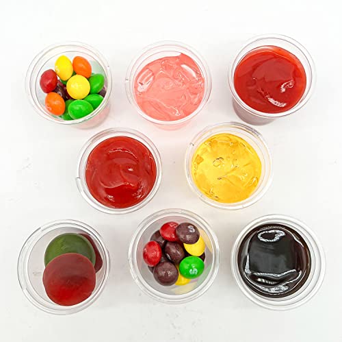 PartyMars 1 oz Plastic Disposable Dipping Sauce Cup With Lids, Mini Plastic Dip Condiment Containers,Souffle Cups,Portion Cups, Jello Shot Cups