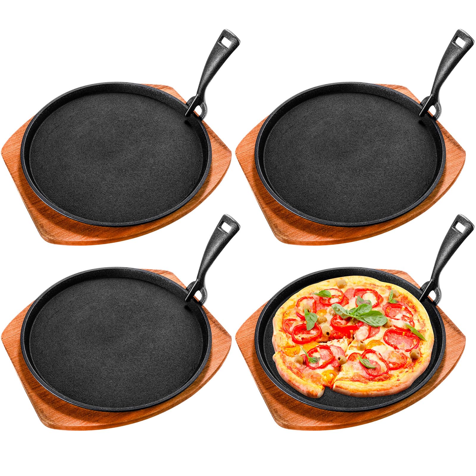 Mimorou 4 Sets Cast Iron Fajita Plate Set 9.84'' Steak Plate Sizzling Pan with Wooden Base and Gripper for Home Restaurant Kitchen Catering Cooking for Grilling Meats Seafood