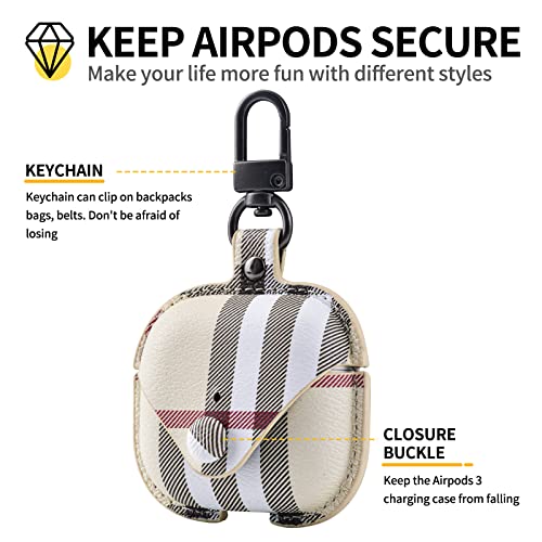 Pujuyeka Leather Luxury Case for AirPods 3rd Generation 2021 with Keychain,Designer Plaid Cute Airpod Charging Case Cover Aesthetic Lockable Protective Air Pod Skin Cover (AirPod 3rd Gen 2021 Beige)