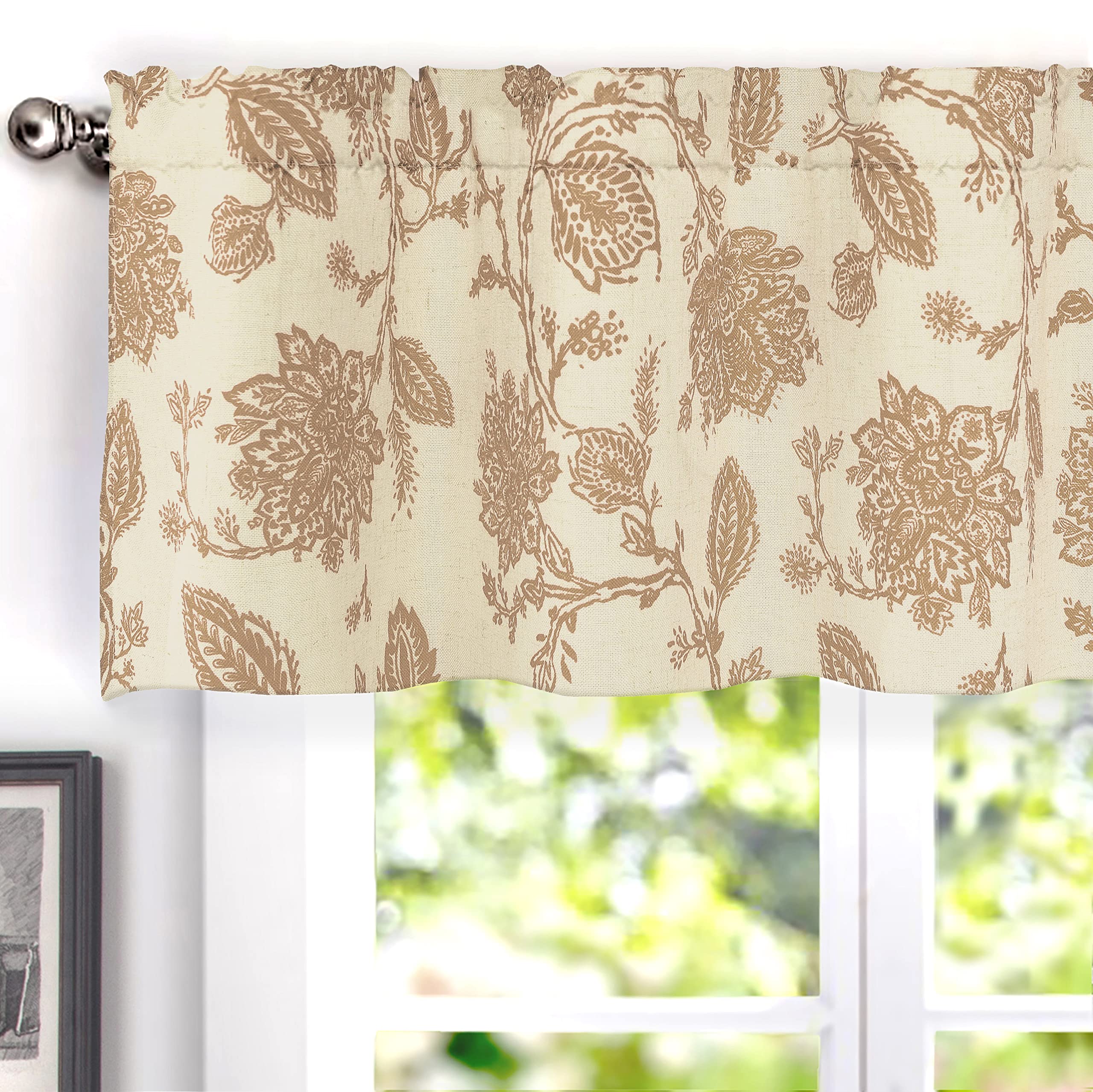 DriftAway Freda Floral Linen Blend Blackout Thermal Insulated Energy Saving Window Linen Curtain Valance Rod Pocket 2 Layers 2 Pack Each 52 Inch by 18 Inch Plus 2 Inch Header Sand