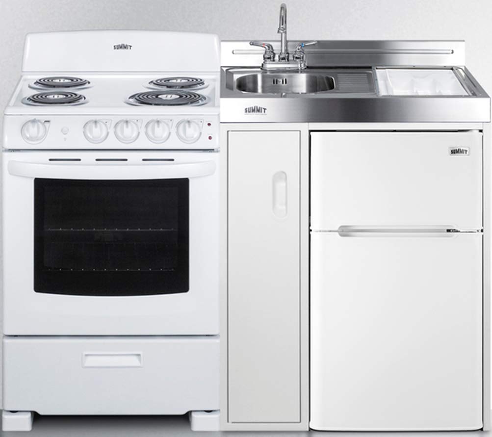 Summit Appliance ACK54COILW 54" Wide All-in-One Kitchenette with 220V 4-Element Electric Coil Range, Refrigerator-Freezer, Sink, Cutting Board and Cutlery Storage, and a Storage Cabinet