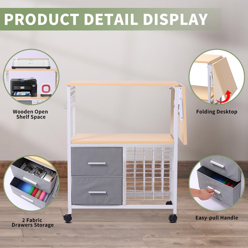Organization and Storage Cart Compatible with Cricut Machines,Rolling Craft Storage Removable Vinyl Holders and Drawer, Crafting Desk with Storage for Craft Room