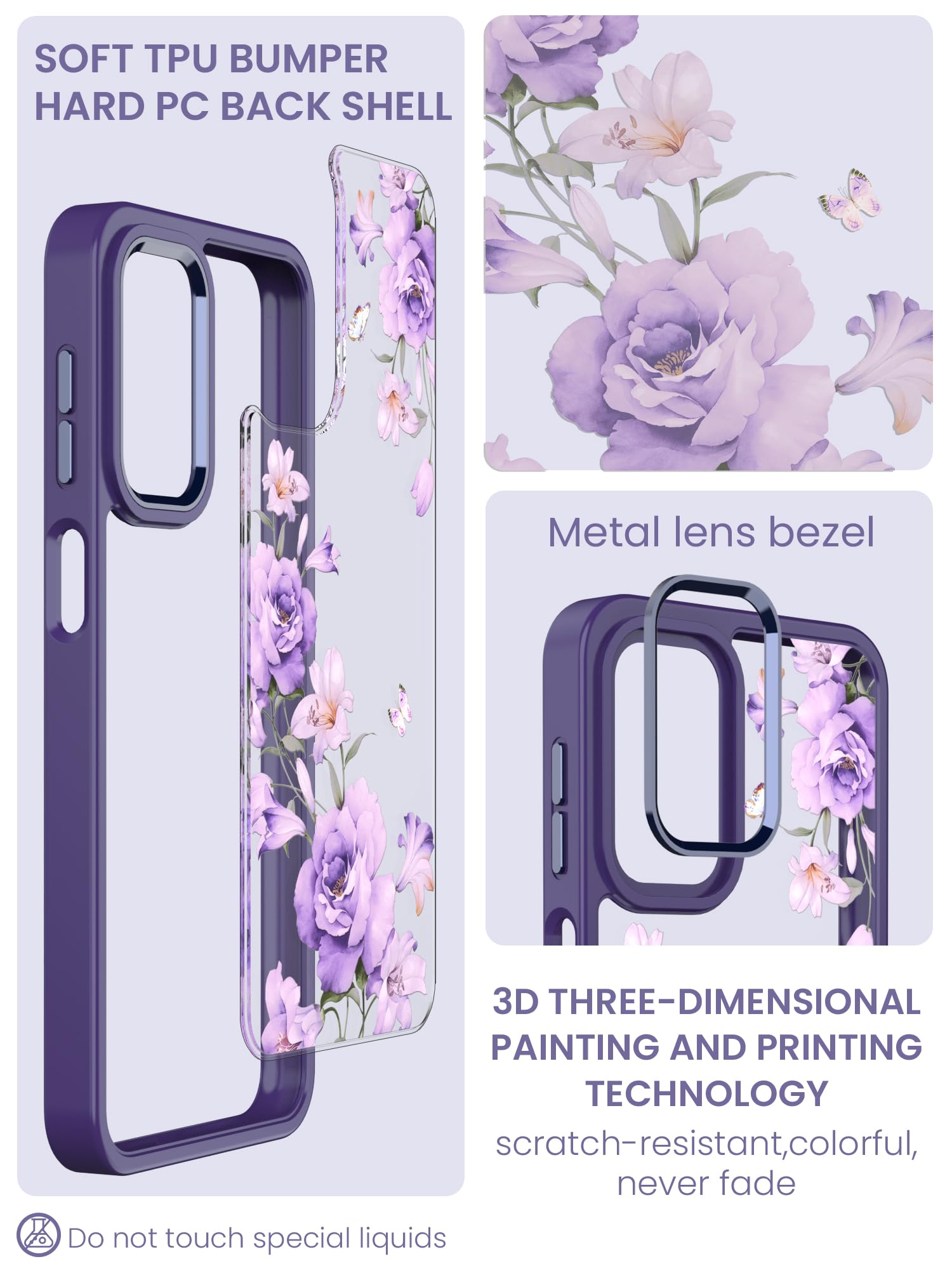 Dretal for Samsung A23 4G/ 5G Case, Galaxy A23 Case Tempered Glass Screen Protector,Military Grade Drop Tested Hard Back & Soft Edge Slim Flower Women Girls Phone Protective Cover(Deep Purple)