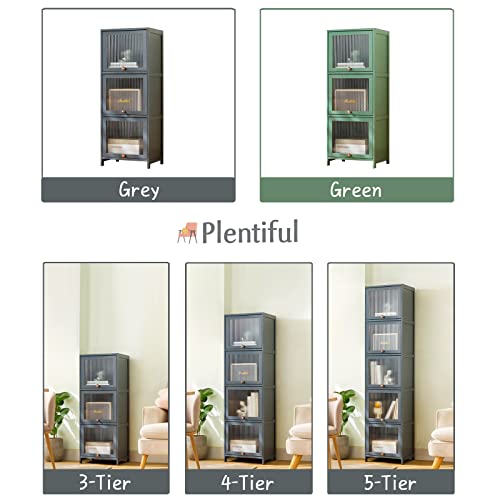 IOTXY Small Narrow Shelf Bookcase - 3-Tier Bamboo Corner Bookshelf with Moru Acrylic Doors, Freestanding Tall Skinny Storage Organizer Rack, for Living Room, Kitchen, Bedroom, Gray, 15.7" W