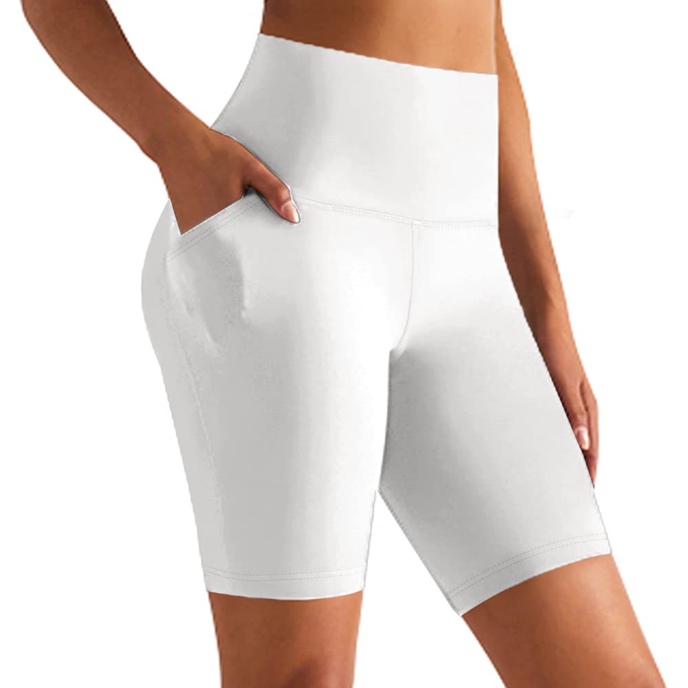 GROTEEN High Waisted Biker Shorts with Pockets for Women Yoga Workout Tummy Control Gym Running Shorts Leggings (Small-Medium, White)