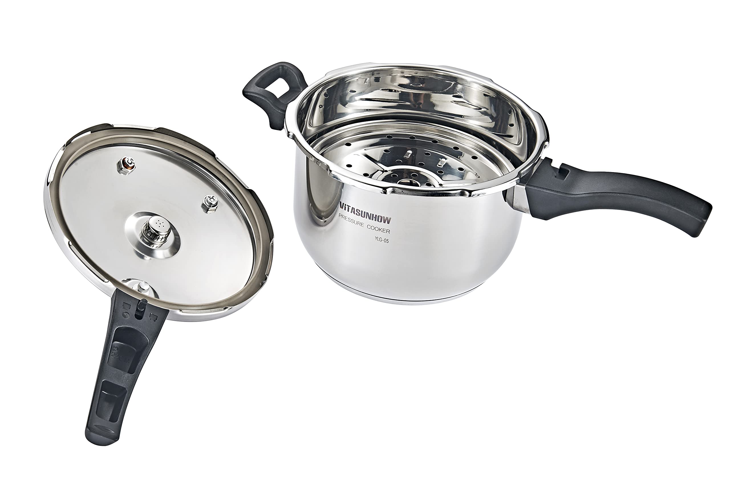 VITASUNHOW Stainless Steel Pressure Cooker with Steamer Basket, Faster Cooking and Safety Pressure Release (9-Liter)