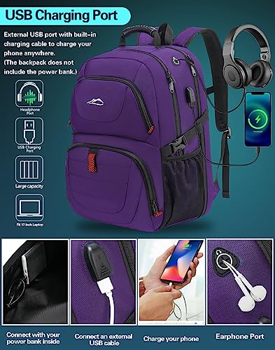 ProEtrade Travel Backpack, Extra Large Laptop Backpack School Business Anti Theft TSA Approved College Work Computer Bag Fits 17 Inch Laptop with USB Charging Port Bookbag for Women Men(Purple)