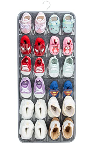 PACMAXI Over The Door Shoes Organizer for 12 Pairs of Baby Shoes Boys Girl, Hanging Baby Shoe Organizer with Hanger(Felt Material-Grey)
