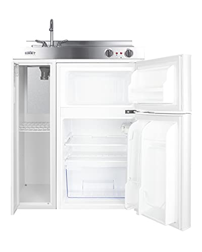 Summit C30ELGLASS 30 Kitchenette with 2 Element Cooktop Refrigerator with Freezer Sink and Faucet in White