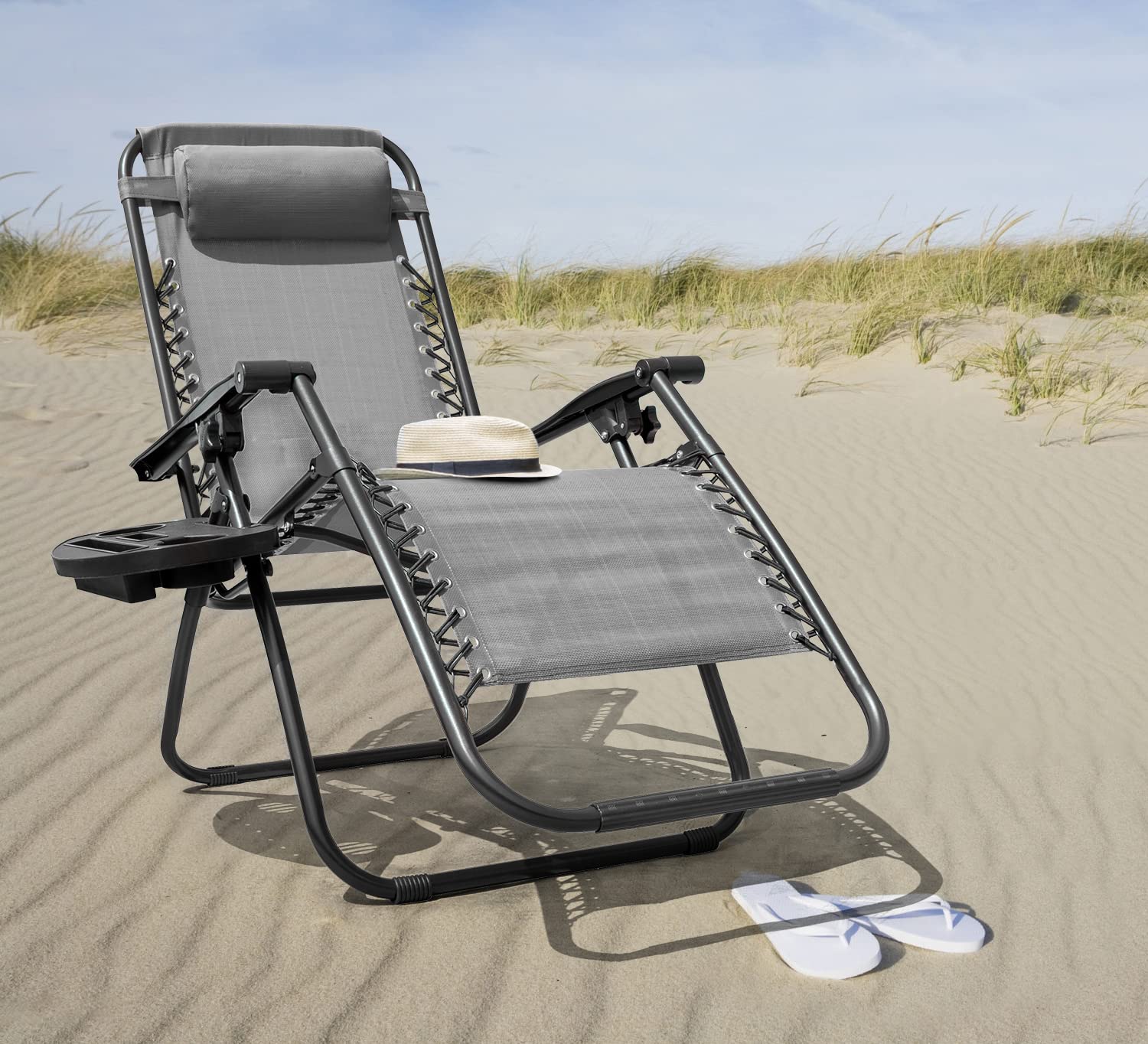 Kemon Zero Gravity Folding Lounge Outdoor Patio Adjustable Reclining Chair with Pillows and Cup Holders for Beach Set of 2, Double Grey