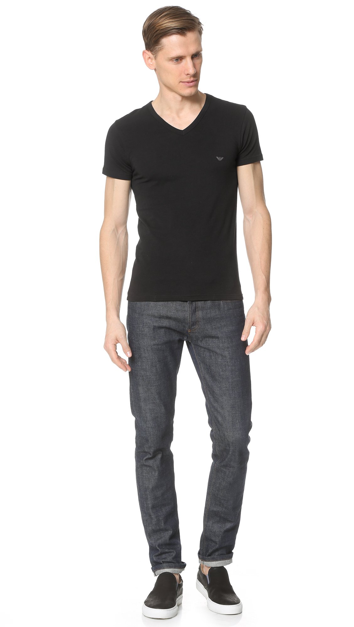Emporio Armani mens Stretch Cotton V-neck T-shirt undershirts, Black, Large US