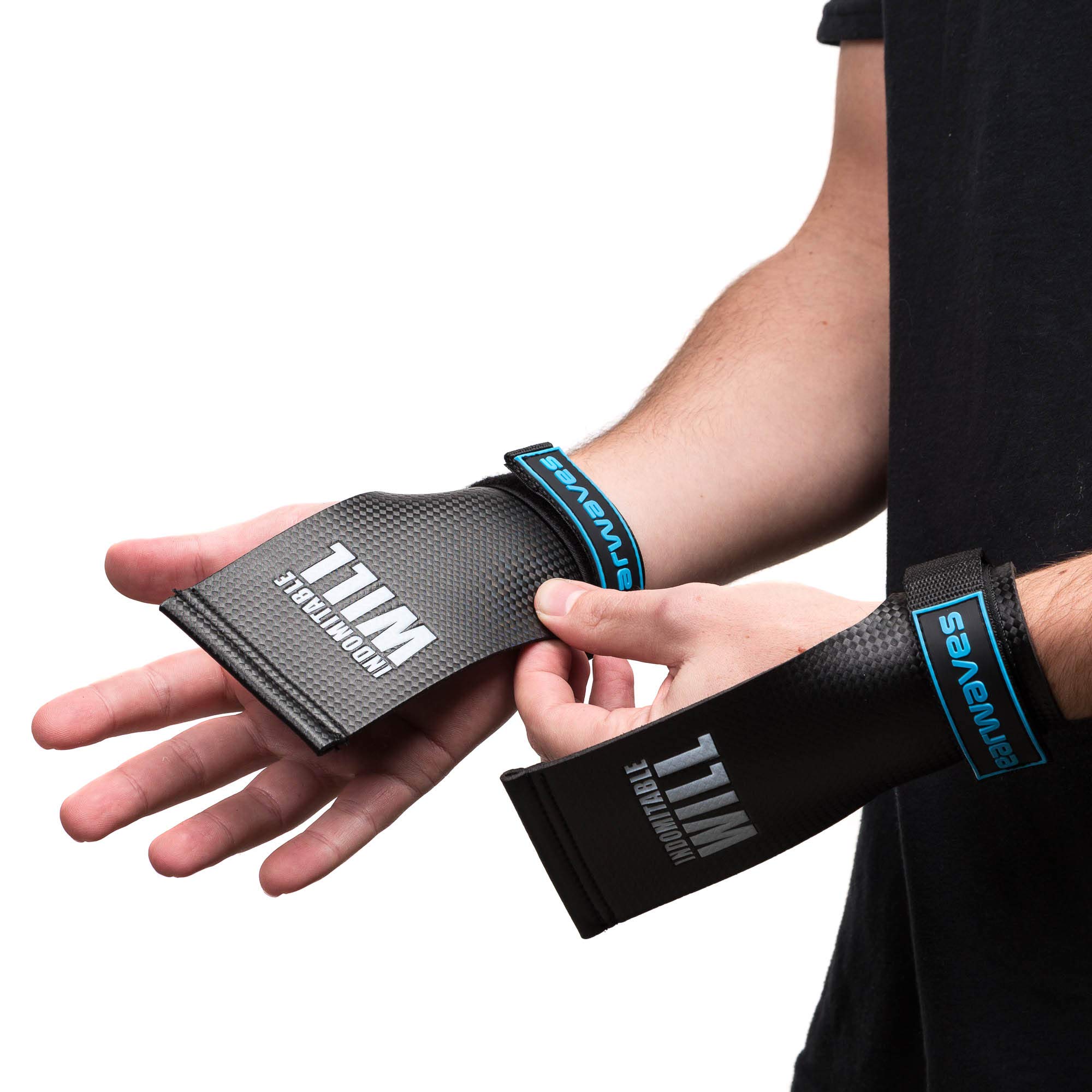 Earwaves Fingerless Hand Grips - Gymnastics Grips Without Holes for The Fingers. Hand Grips for Pull ups, Muscle ups, C2B, T2B, Rings. (L, Carbon Spino)