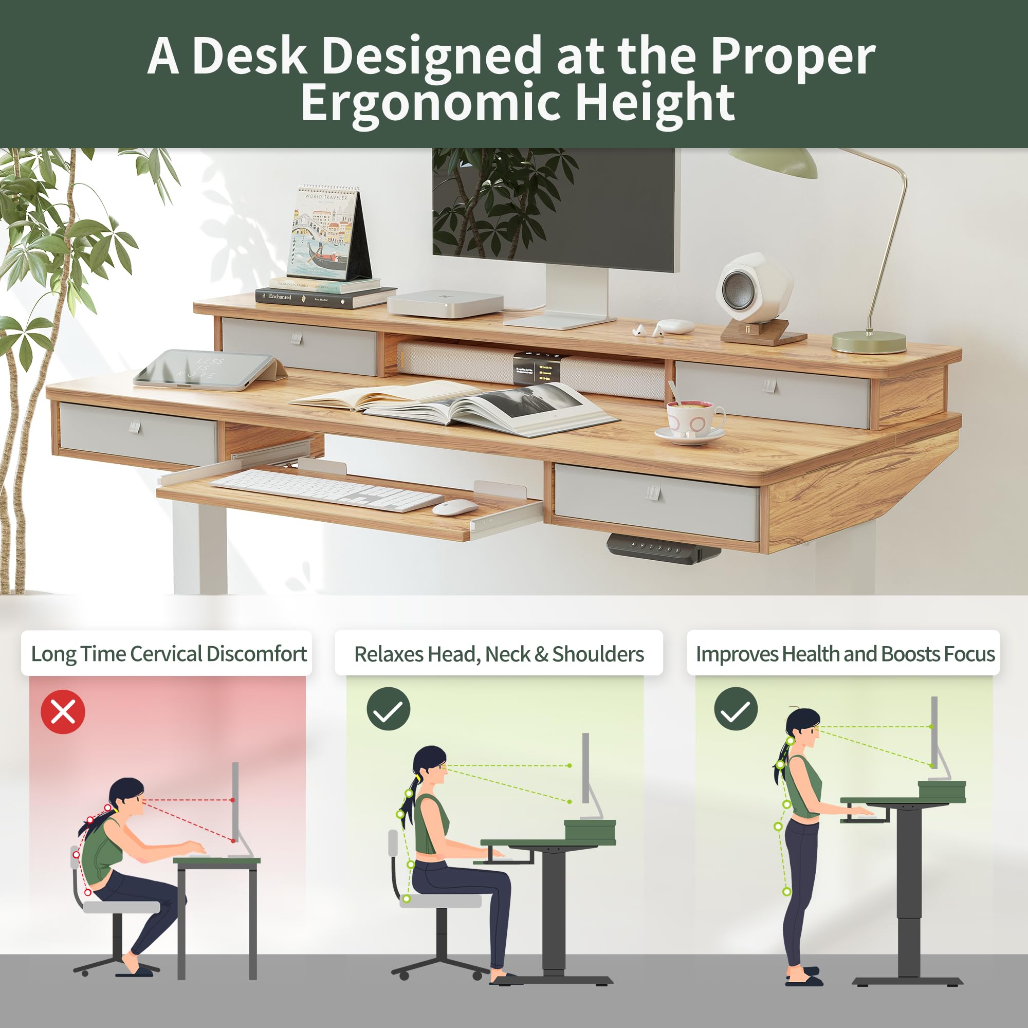 FEZIBO Height Adjustable Electric Standing Desk with 4 Drawers and Keyboard Tray, 48 x 24 Inch Table with Storage Shelf, Sit Stand Desk with Splice Board, LightRustic Brown