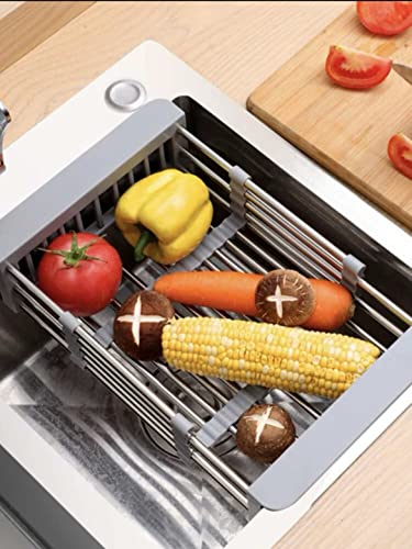 Expandable Kitchen Sink Dish Drainer,Retractable Kitchen Sink Organizer,Stainless Steel Dish Rack Home Foldable Multifunction Expandable Hanging Drainer Drying with Board Divider Drain Adjustable