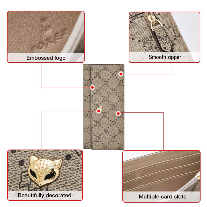 FOXLOVER Faux Leather Ladies Wallets Purses with Zipper Pocket Gift Box Packing Womens Signature Monogram Trifold Wallets Credit Card Holders (Grey)