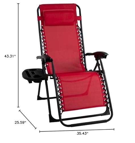 Sun-Ray Oversized Patio Chair with Leg Stabilizers and Big Cupholder, Adjustable Zero Gravity Folding Reclining Outdoor Chair with Pillow, Ruby Red