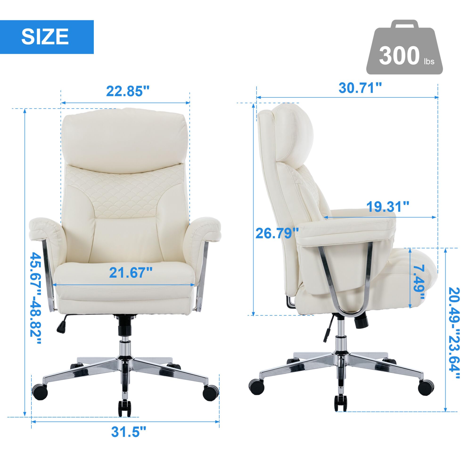 Executive Office Chair, High Back Ergonomic Leather Computer Desk Chair with Adjustable Rock Back Tension, Thick Bonded Leather Office Chair with Lumbar Support, Weight Capacity 300lbs, White