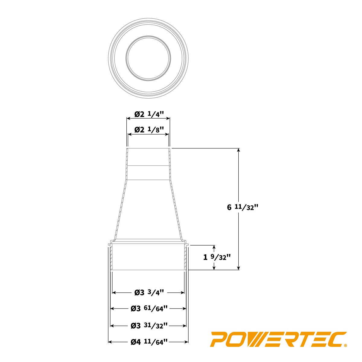 POWERTEC 70147 4-Inch OD to 2-1/4-Inch OD Hose Reducer Adapter for Dust Collection Systems