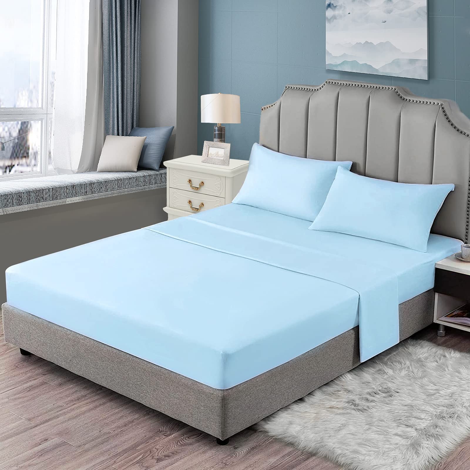 EaseHome Light Blue King Size Sheets Set 14-Inch Deep Pocket- Super Soft Brushed Microfiber 1800 Thread Count Egyptian Sheets - Breathable Wrinkle and Hypoallergenic-4 Piece(King,Lake Blue)