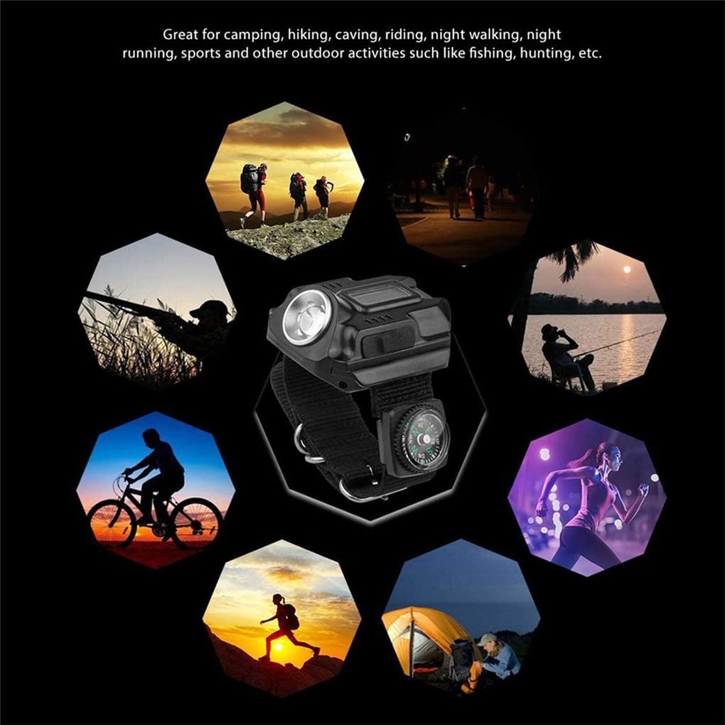 GGRBH LED Wrist Flashlight Rechargeable Compass Watch Light Portable Wrist Light XPE Outdoor Camping Hiking Lighting Tool