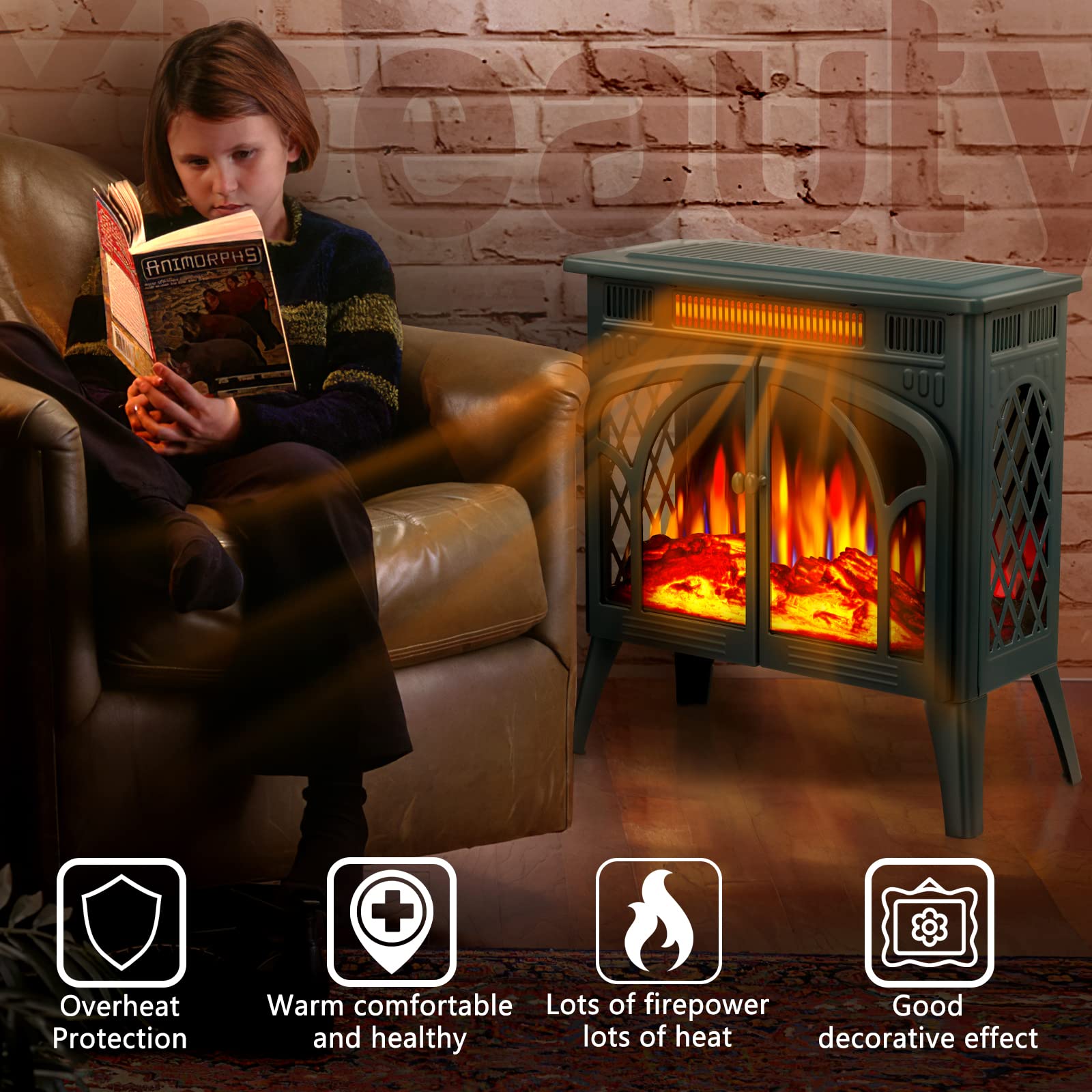 Electric Fireplace Heater Portable Electric Fireplace Heater Indoor,Dark Green
