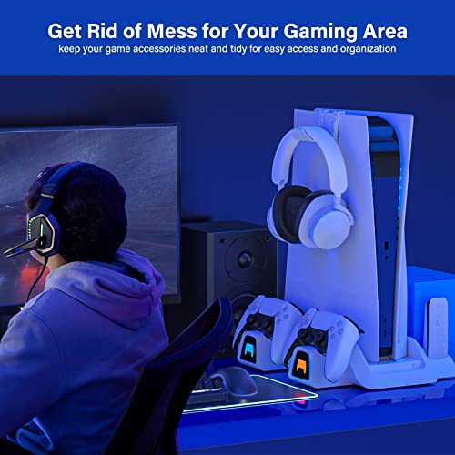 PS5 Stand and Cooling Station with Dual PS5 Controller Charging Station for Playstation 5 PS5 Console Disc/Digital Edition, PS5 Accessories, Cooling Fan, Headset Holder, 11 Game Slots, White