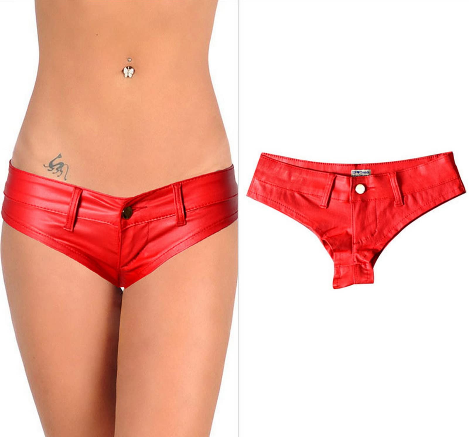 Faringoto Red Girls Low Rise Stretch PU Coated Faux Leather Button Zip Hot Pants