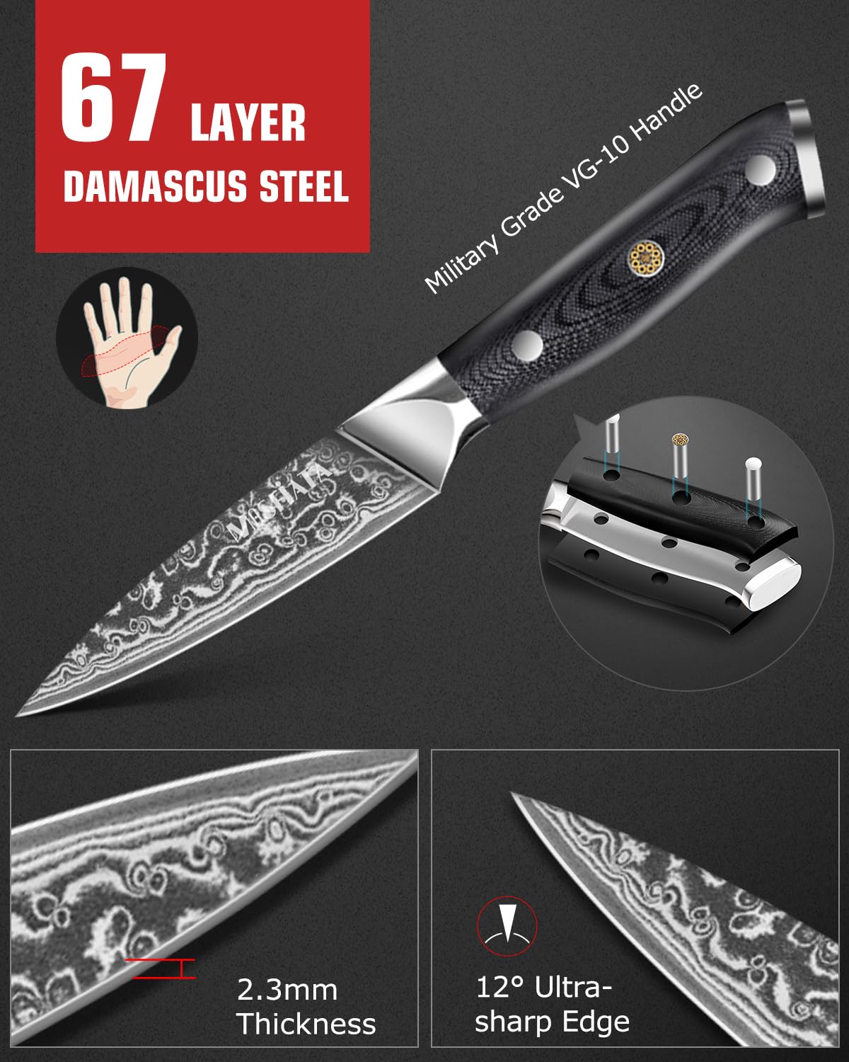 MOSFiATA Kitchen Knife ,Damascus paring Knife 3.5 inch Fruit Knife