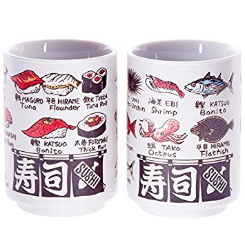 Japanese tea cup, Sushi-yunomi, ceramic, printed sushi and fish names and by English and Kanji, set of 2