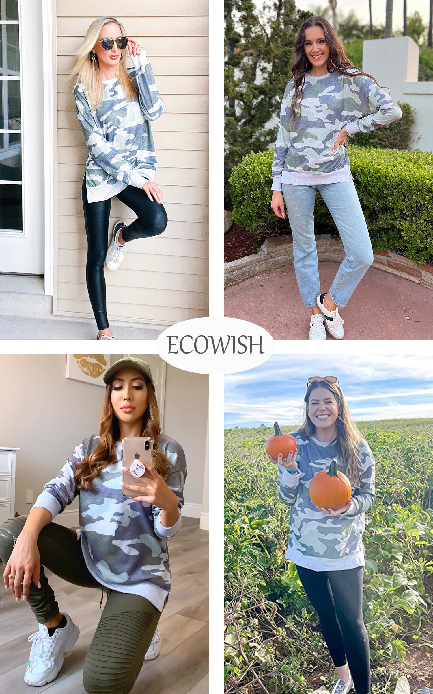 ECOWISH Women Side Split Sweatshirt: Fall Crewneck Long Sleeve Oversized Camo Shirts Casual Camouflage Print Pullover Tops 017 Gray Green M