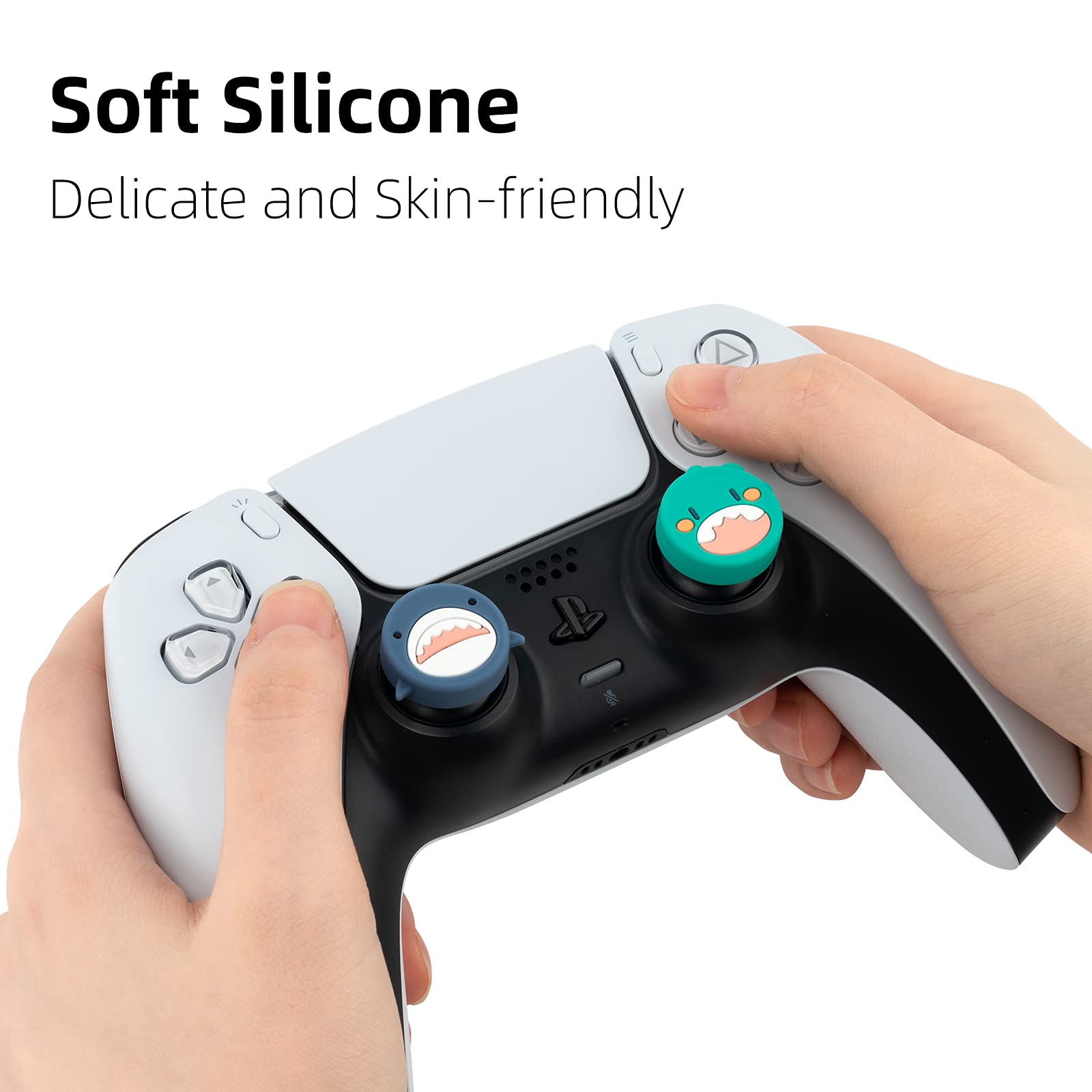 GeekShare Cute Shark Dinosaur Playstation 4 Controller Thumb Grips, Soft Silicone Thumbsticks Cover Set Compatible with Switch Pro Controller and PS4 PS5 Controller, 2 Pair / 4 Pcs
