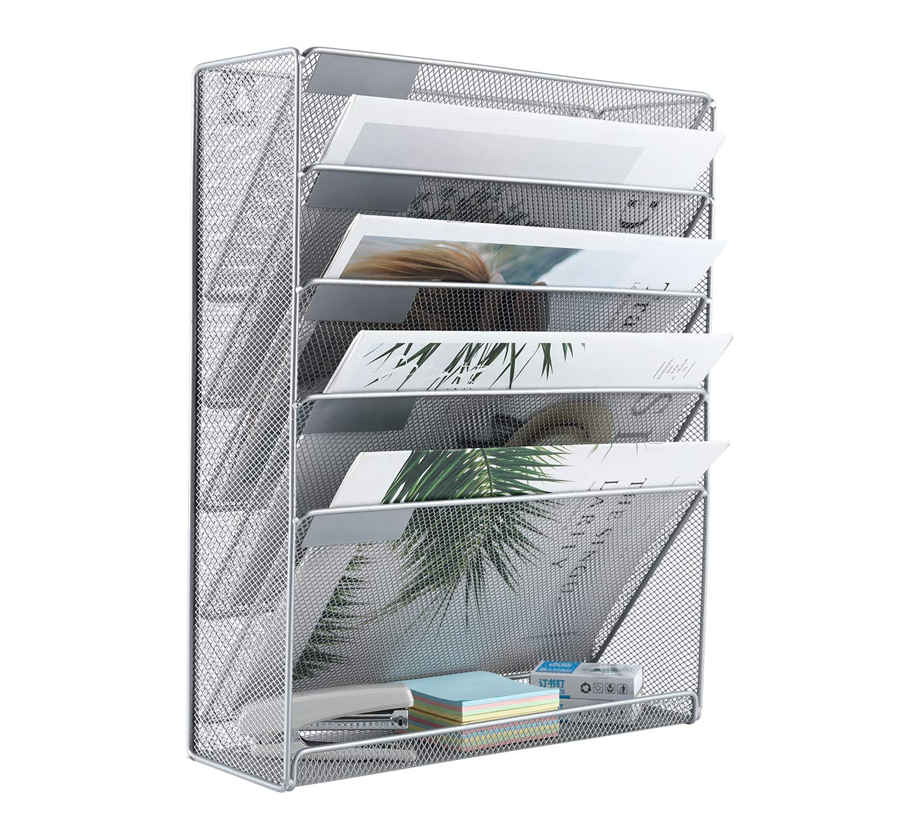 EasyPAG 5 Slot Wall Hanging File Organizer Vertical Office Desk /Wall Mounted File Holder Paper Organizer with Bottom Flat Tray,Black,Silver