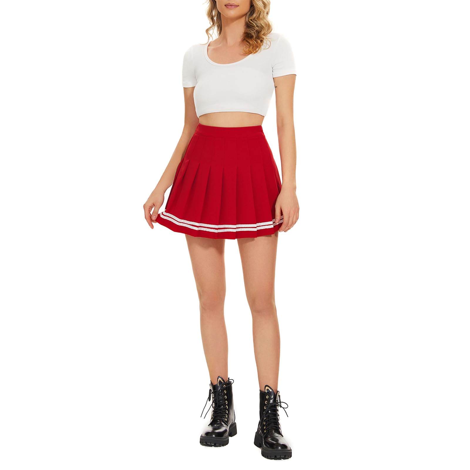 DRESS NICES Women Pleated Skirt A-Line Short Mini Basic Skirt School Uniform Cheerleader Skirts Skater Skirt Red White Strip M