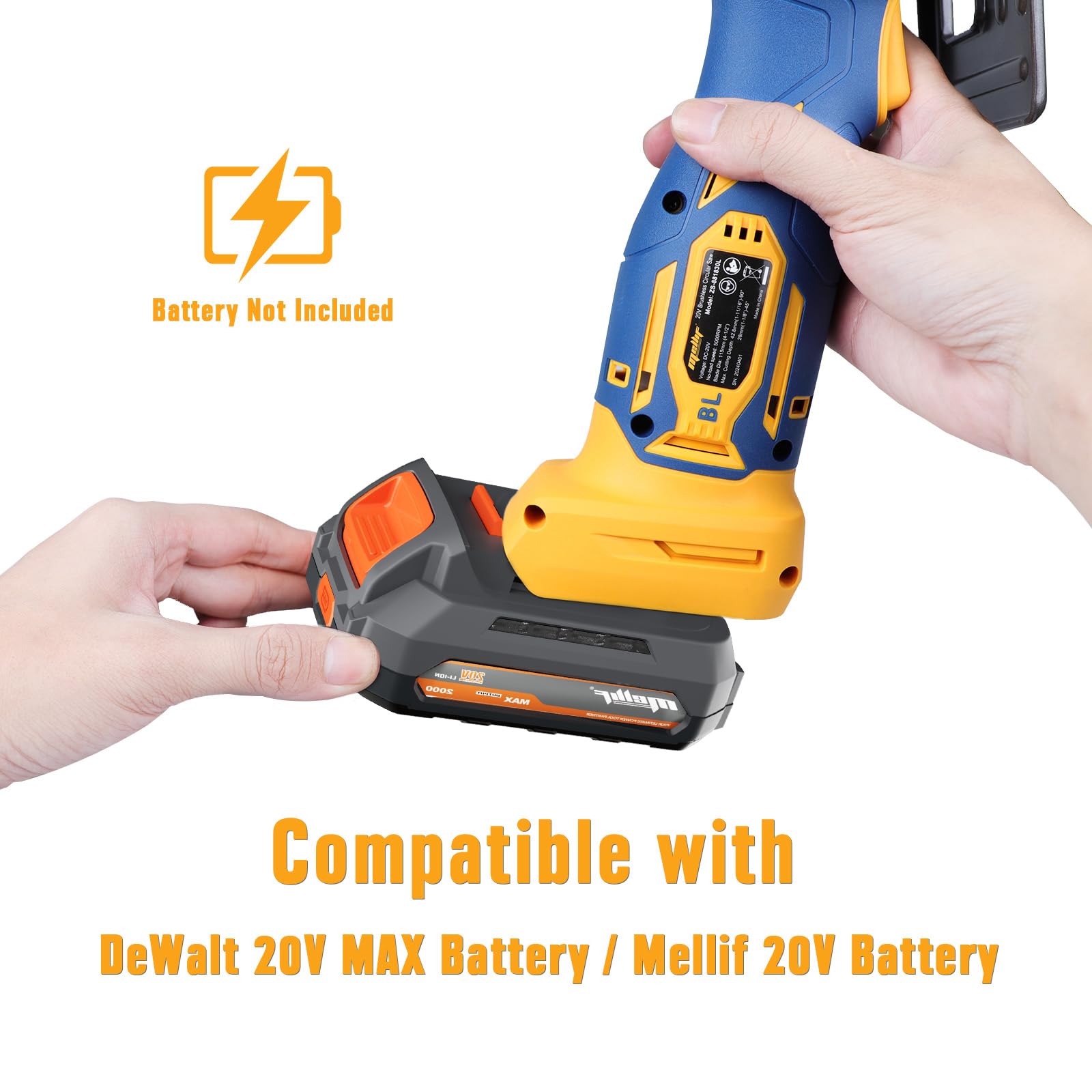 Mini Circular Saw Compatible with DeWalt & Mellif 20V MAX Battery (Tool Only) Cordless Tile Saw with Brushless 5,000RPM, 3-Saw Blade 4-1/2", Depth 1-11/16"-90°, 1-1/8"-45°, Laser Guide for Metal, Wood