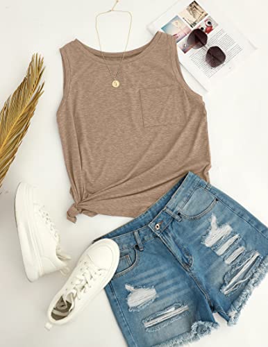 MIROL Women's Sleeveless Tank Tops Basic Loose Tunic T Shirts Batwing Sleeve Solid Color Casual Tee with Pocket Khaki