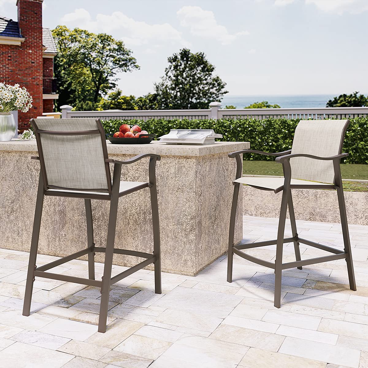 VredHom Outdoor Bar Stools & Chairs Set of 2, 2 PCS Counter Height Bar Stools, Patio Bar Chairs Brown Aluminum Frame & Beige Textilene