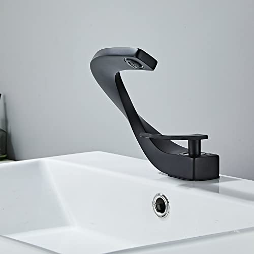 SHUNLI Modern Black Bathroom Faucet, Unique Curved Design Single Hole Bathroom Sink Faucet, Lavatory Vanity Mixer Taps Contemporary Bath Faucets (Matte Black,Solid Brass)