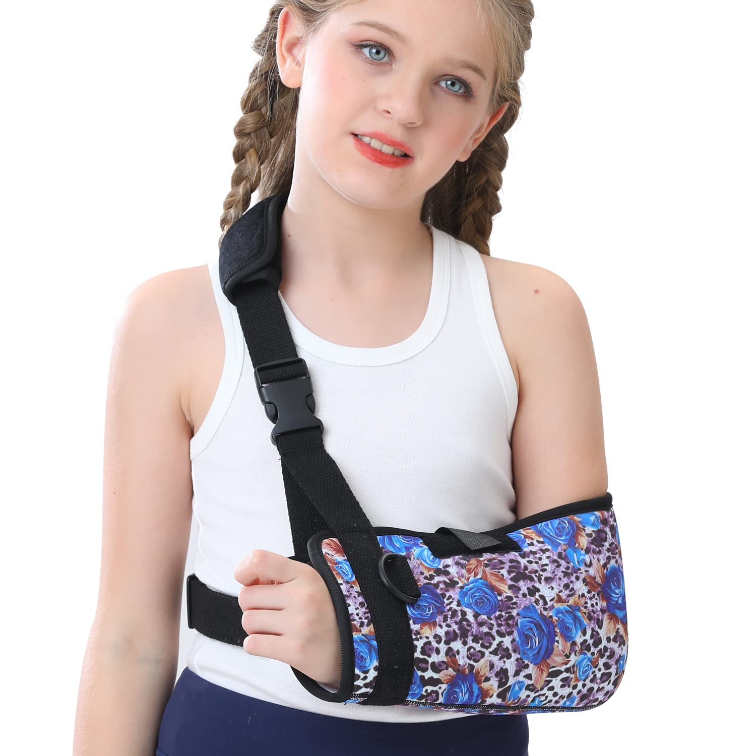 Fotgok Foam Arm Sling Elbow Brace Support with Waist Strap Shoulder Sling Rotator Cuff Brace for Shoulder Injury for Kids , for Broken, Dislocated, Fracture, Blue Rose Leopard, Large