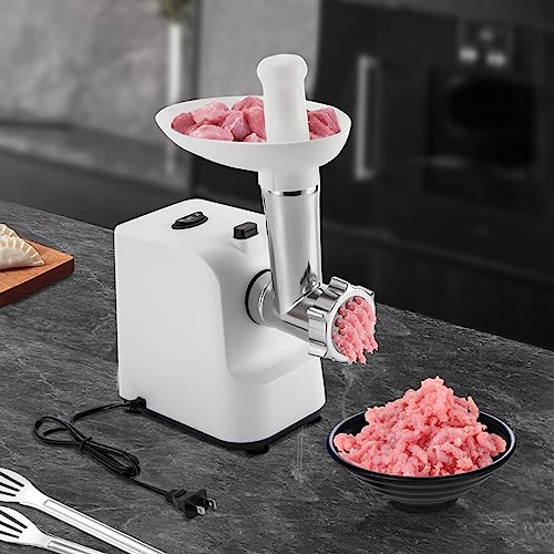 Meat Grinder, 1000W Stainless Steel Sausage Maker with 3 Plates, Sausage Stuffer Tube and Food Pusher, Meat Grinder Electric, for Home & Kitchen (White)