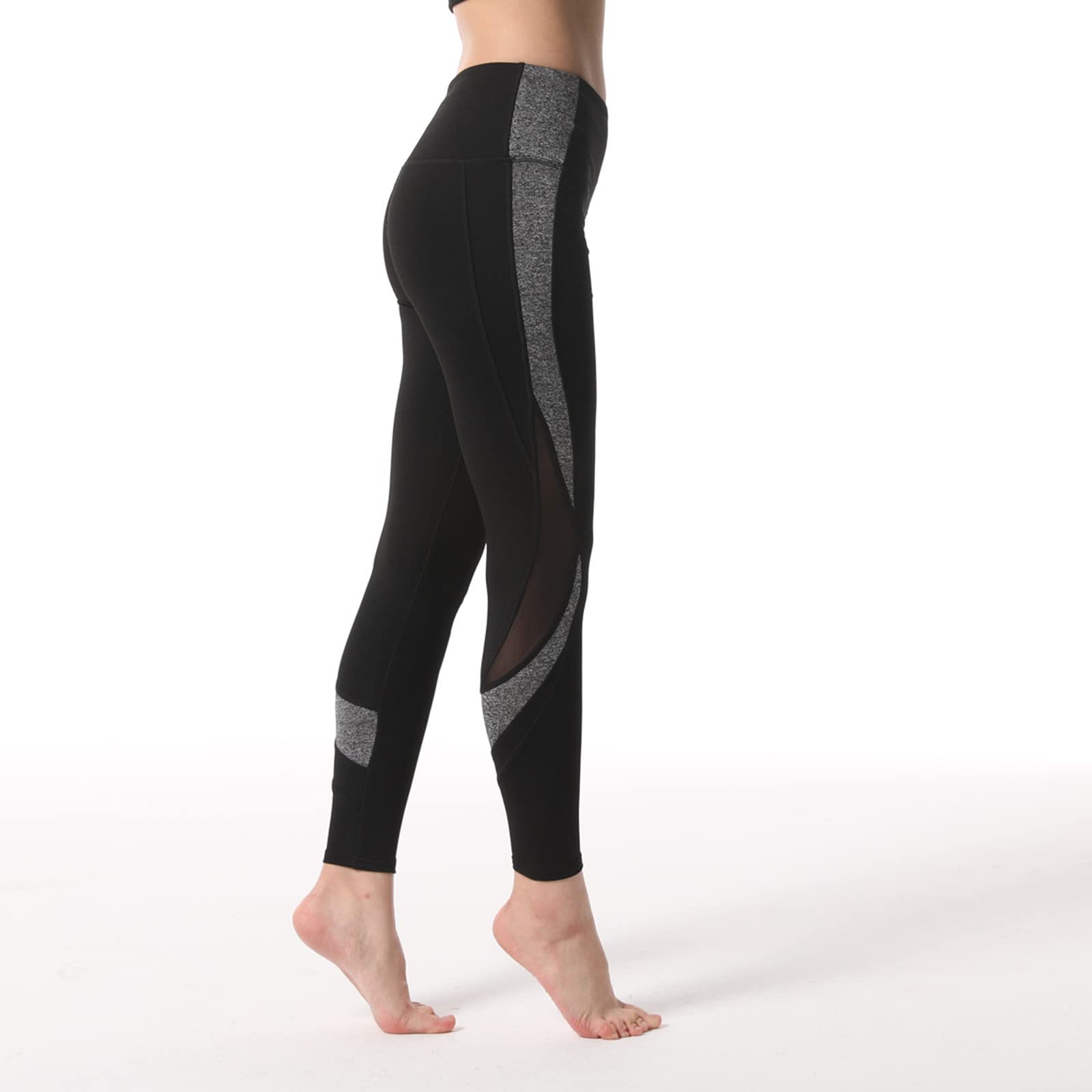 FOXWISH Women's Mesh Panel Side High Waist Yoga Pants Skinny Workout Active Leggings Black Grey S