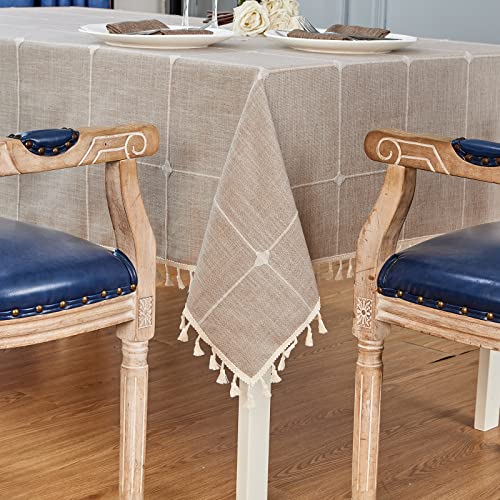 Mebakuk Rectangle Table Cloth Checkered Farmhouse Tassel Tablecloth Wrinkle Free and Washable Decorative Embroidered Fabric Table Cover for Kitchen (Oblong 55" x 86" (6-8 Seats), Coffee Grid)