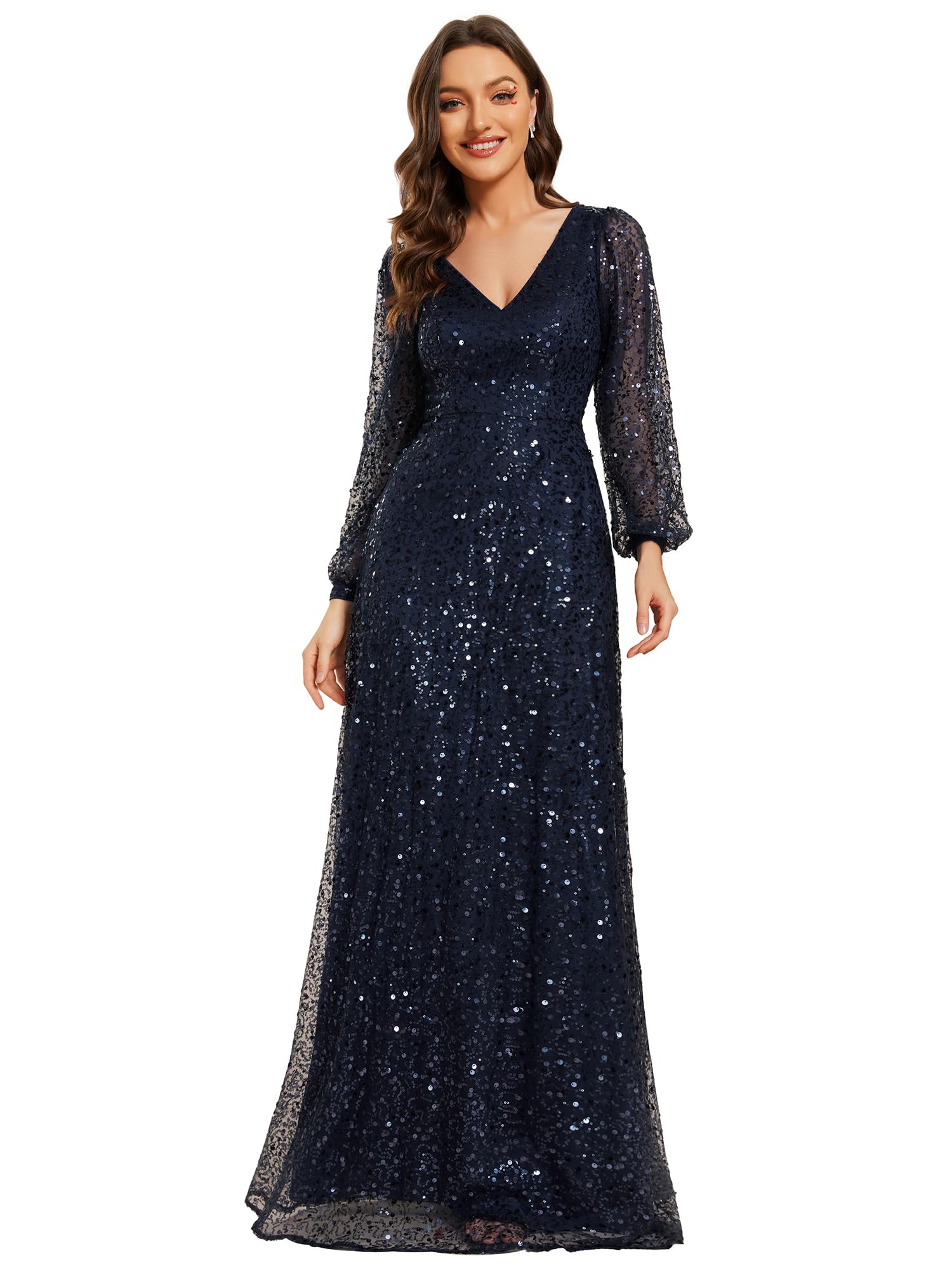 Ever-Pretty Women's Sequin A-Line V Neck Beaded Gown Long Sheer Sleeves Cocktail Evening Gown Navy Blue US10