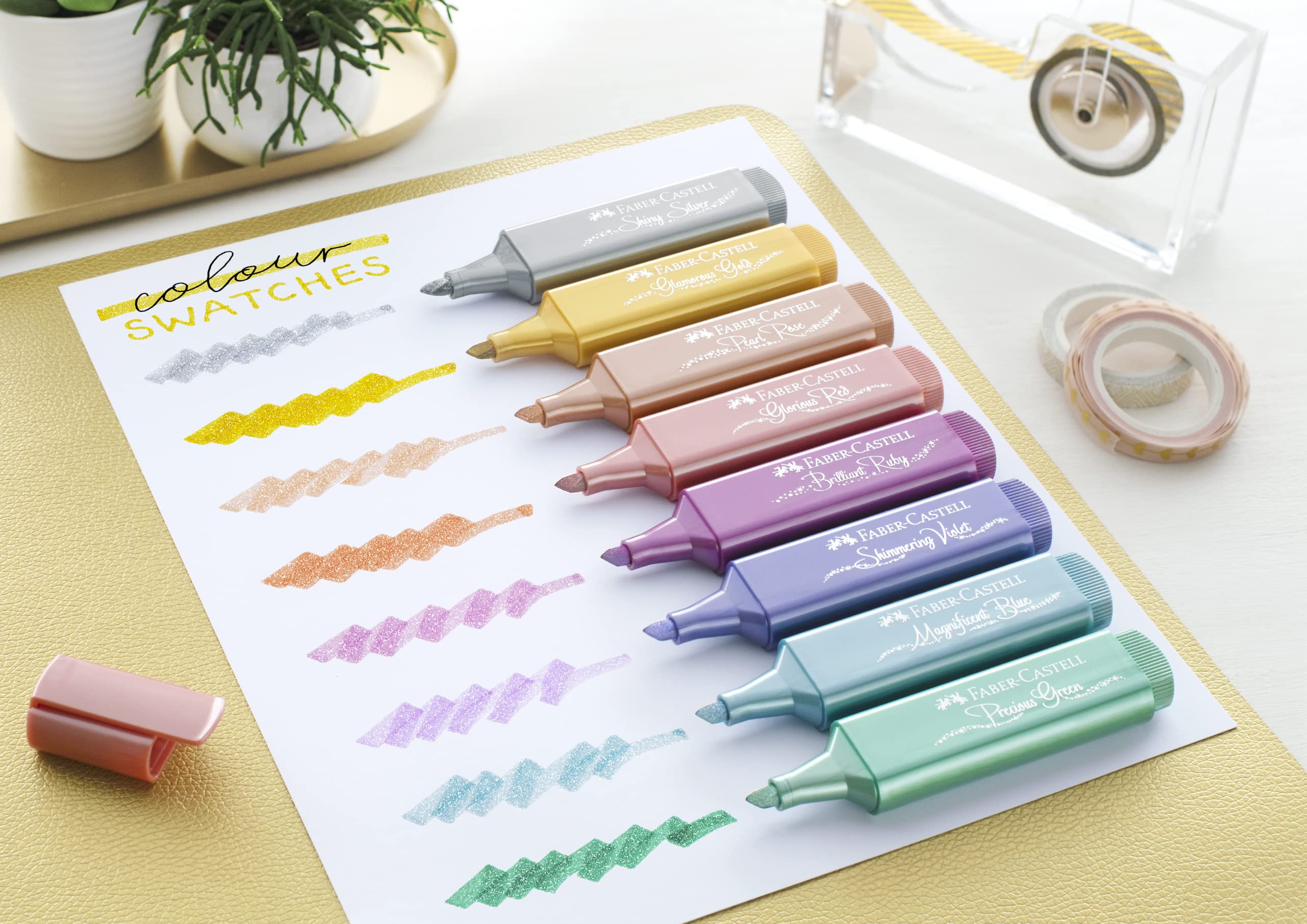 Faber-Castell Metallic Highlighter Set - Assortment of 8 Subtle Glitter Highlighter Markers - Note Taking and Journaling Supplies