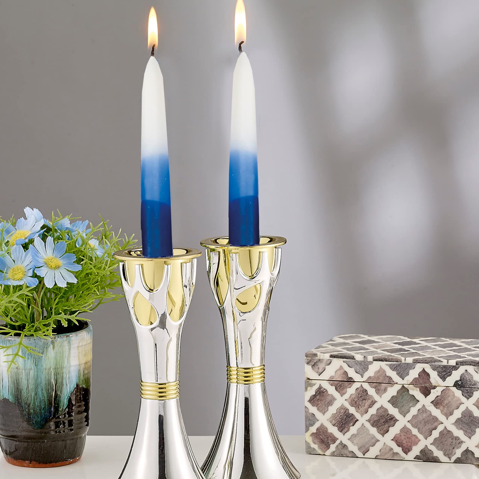 Shabbat Candles by Rite Lite - 12 Pieces - Packaged in a Beautiful Box with an Artistic Card (White & Blue)