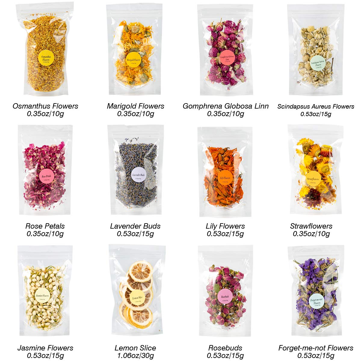 Dried Flowers, 12 Pack Natural Dried Flower Herbs Kit for Bath, Bomb, Soap, Resin, Candle Making, Include Rose Petals, Rosebuds, Lavender, Jasmine Flowers, Lily, Lemon Slice and More