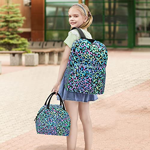 Moudou Leopard School Backpack with Lunch Bag Student Bookbag Travel Daypack for Teen Boys Girls
