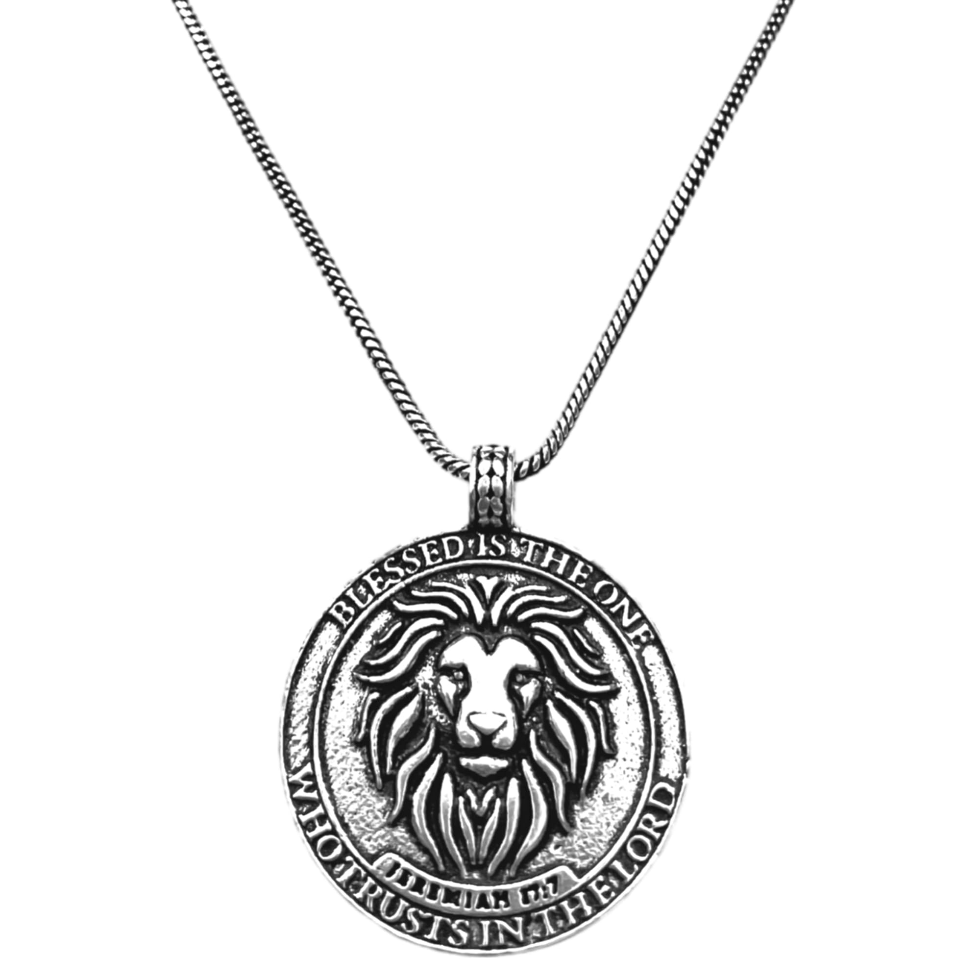 GUAAFA Bible Verse & Lion Pendant for Men & women Locket Necklaces - Blessed is the One Who Trusts In the Lord | Christian Faith Religious Gifts Jewelry for grandson and Grand Daughter(Rustic Silver)
