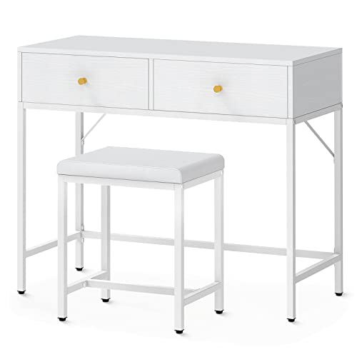 SUPERJARE 35.4" White Desk with 2 Drawers, Modern Makeup Vanity Desk with Padded Stool, Small Computer Desk Home Office Desk for Writing Study Bedroom